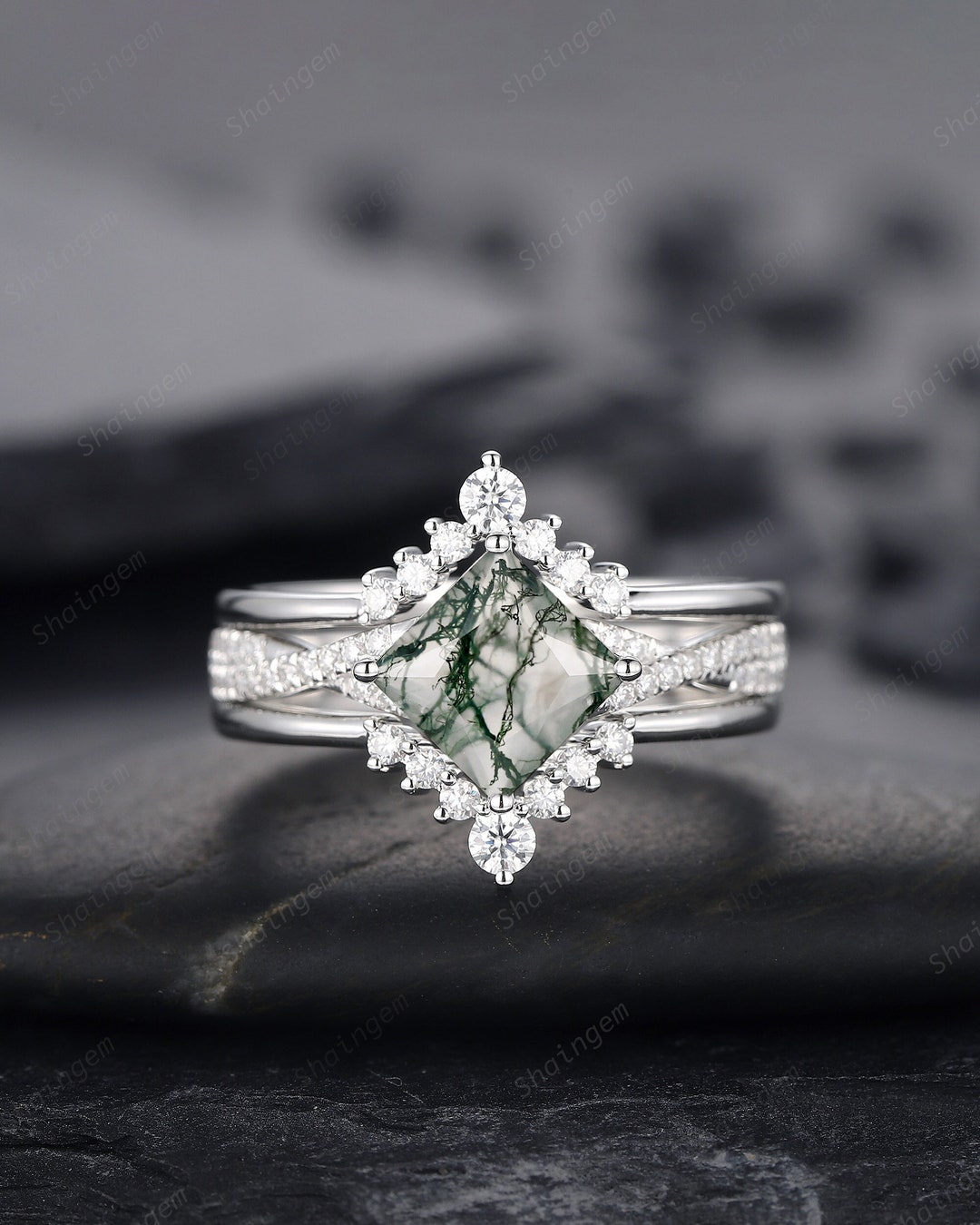 3PCS Princess Cut Moss Agate Engagement Ring, Platinum Moss Agate Bridal Set, Moss Agate Wedding ...