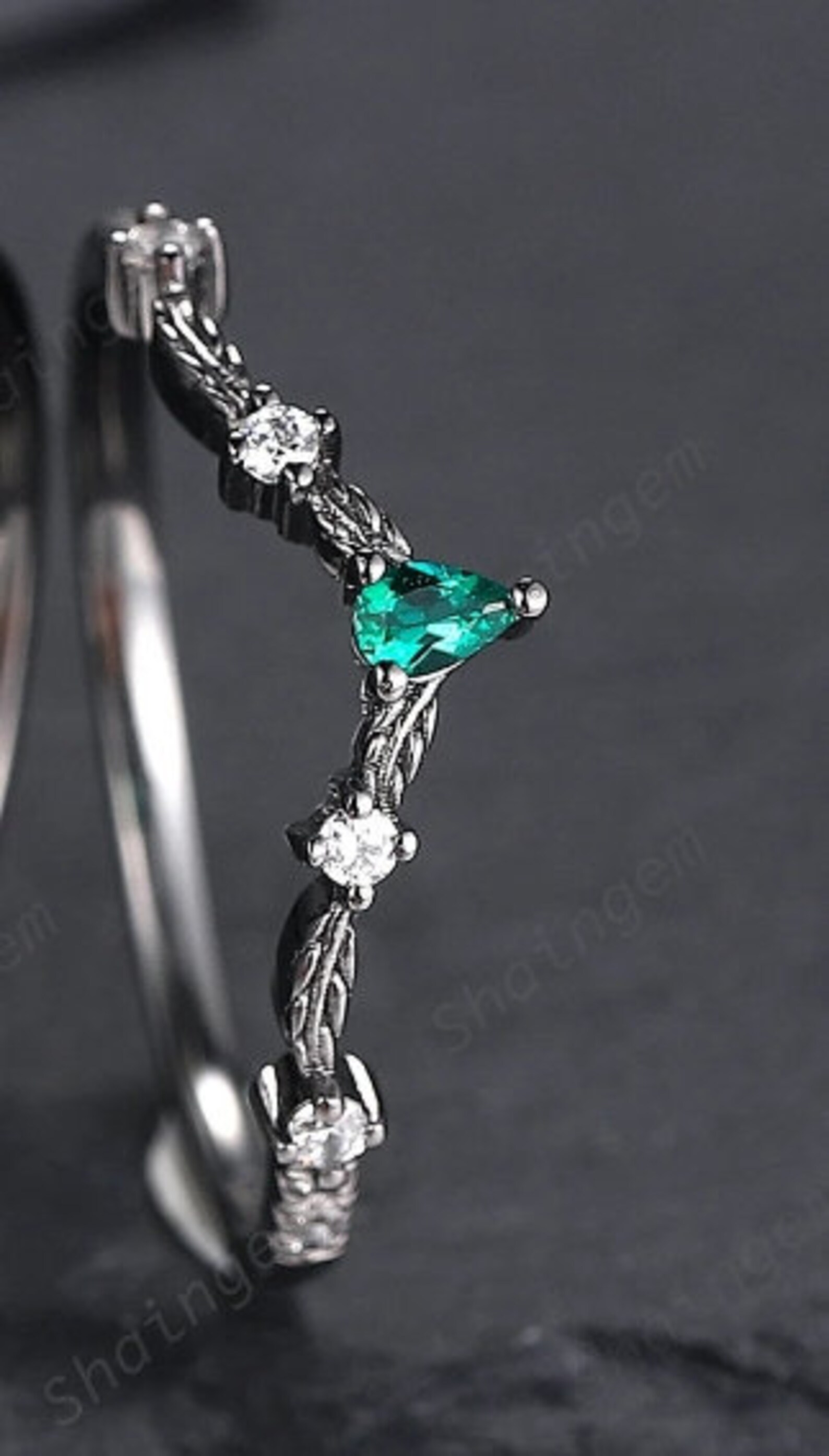 Vintage Black Gold Pear Shape Emerald Engagement Ring, Rhodium Black Emerald Wedding Set, Witchy ...