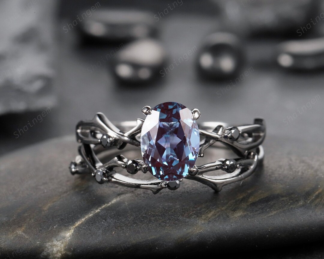 Vintage Rhodium Black Vermeil Oval Alexandrite Engagement Ring Set ...
