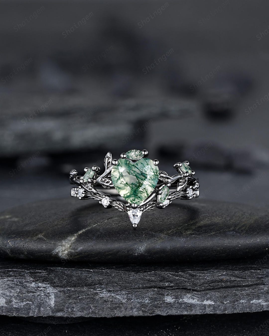 Gothic Heart Shape Moss Agate Engagement Ring Set, Black Rhodium Twig ...
