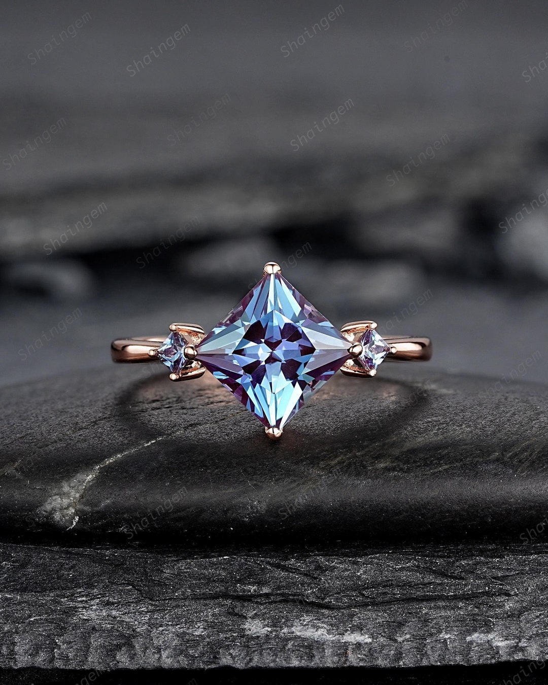 Princess Cut Alexandrite Engagement Ring, Unique 14K Rose Gold ...