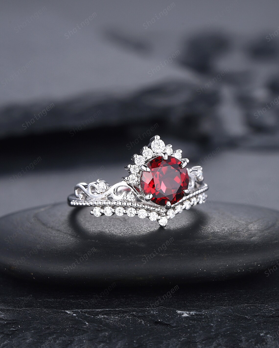 Vintage Round Rhodolite Garnet and Diamond Engagement Ring, Unique 14K ...