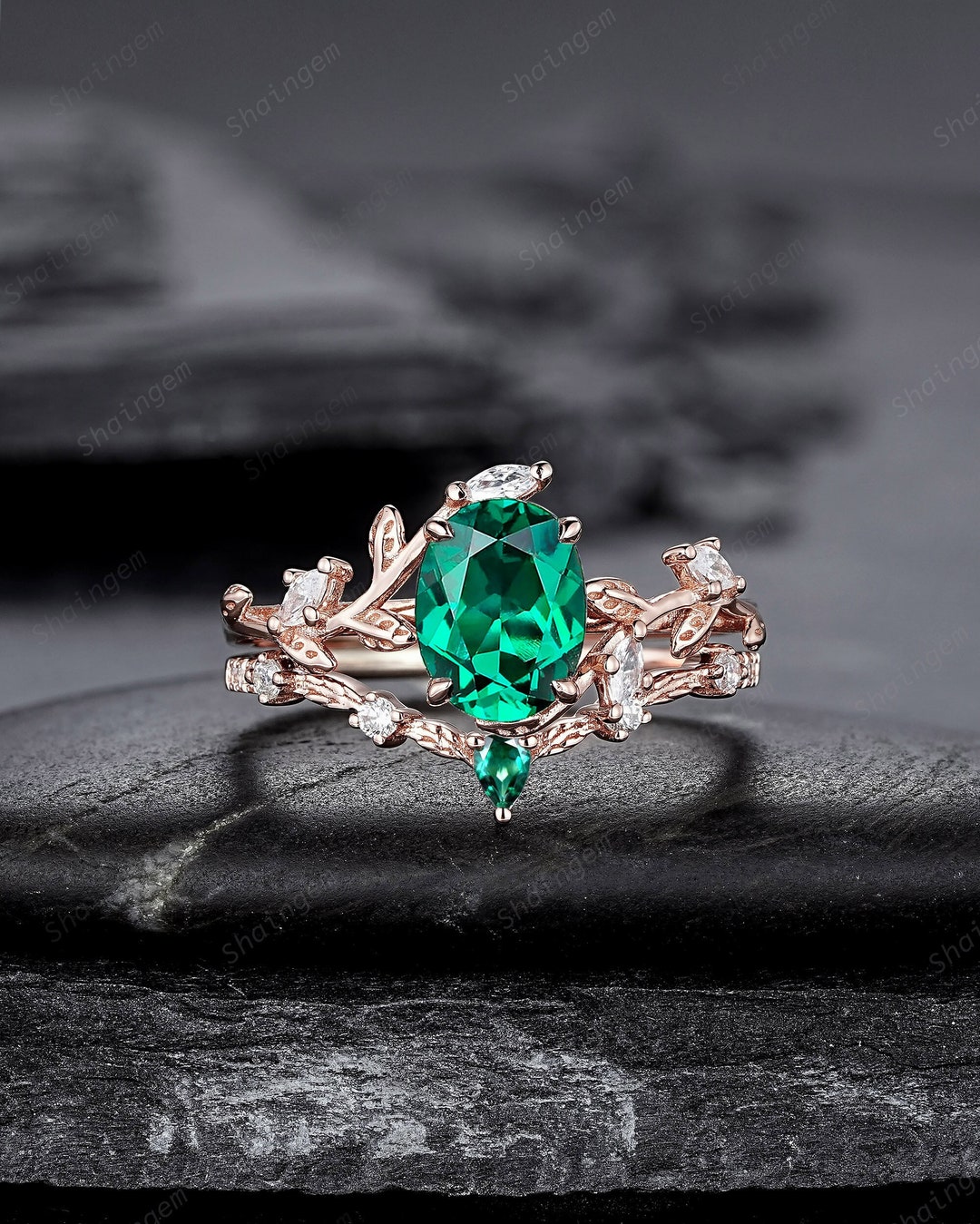 Nature Inspired Emerald Leaf Engagement Ring Set, Rose Gold Oval Shape ...