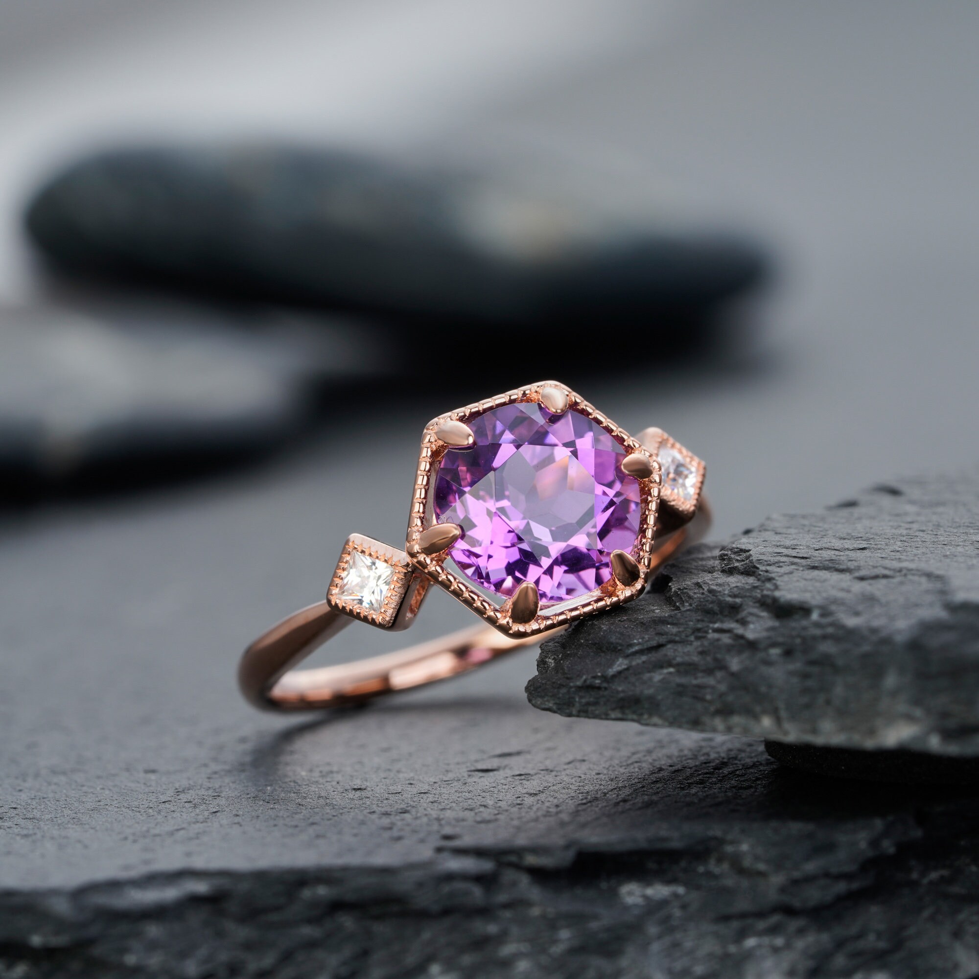 Vintage Round Amethyst Engagement Ring, Sterling Silver Amethyst ...