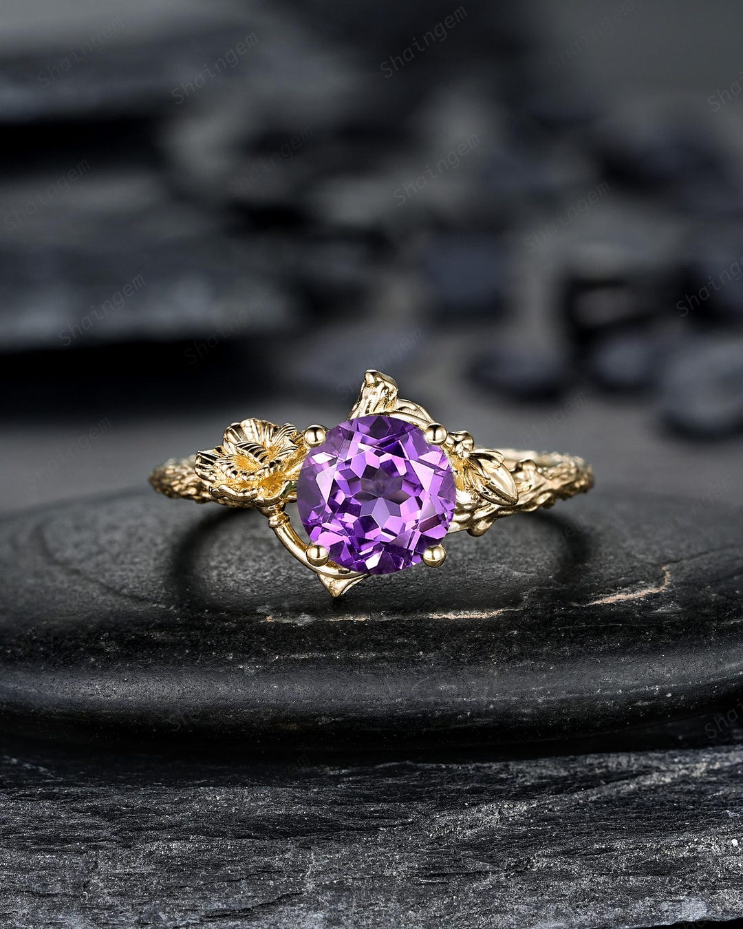 Yellow Gold Carnation January Birth Flower Round Amethyst Solitaire ...