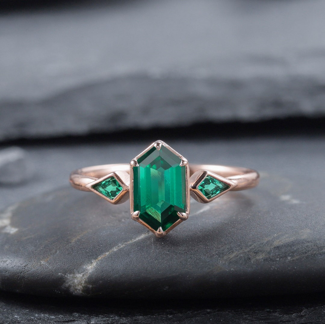 Vintage Long Hexagon Cut Emerald Engagement Ring, Unique 14K Rose Gold ...