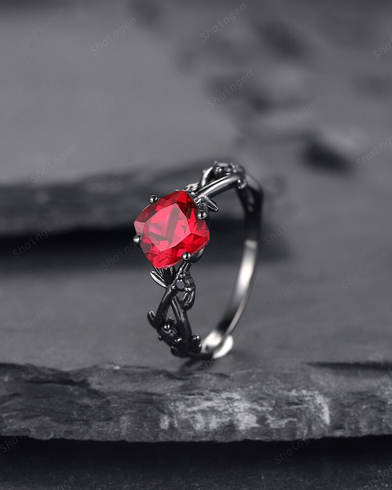 Black Gold Cushion Cut Ruby Engagement Ring, Rhodium Black Leaf Bridal ...