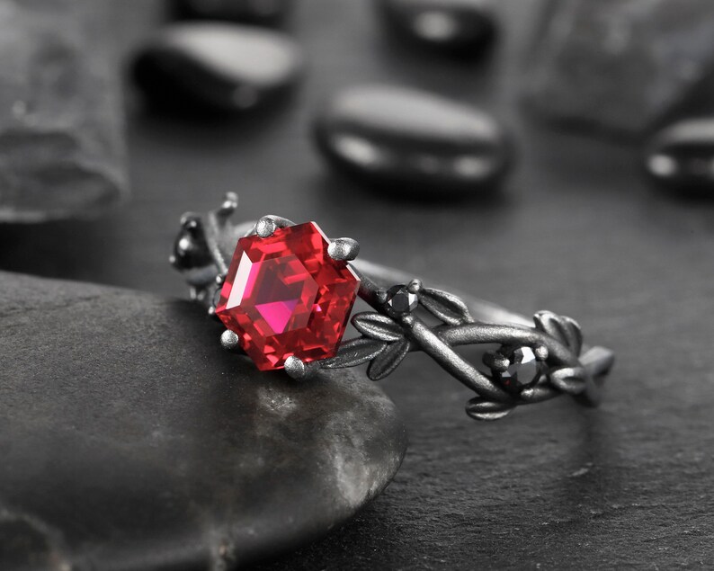 Black Gold Finish Hexagon Ruby Engagement Ring Rhodium Black - Etsy