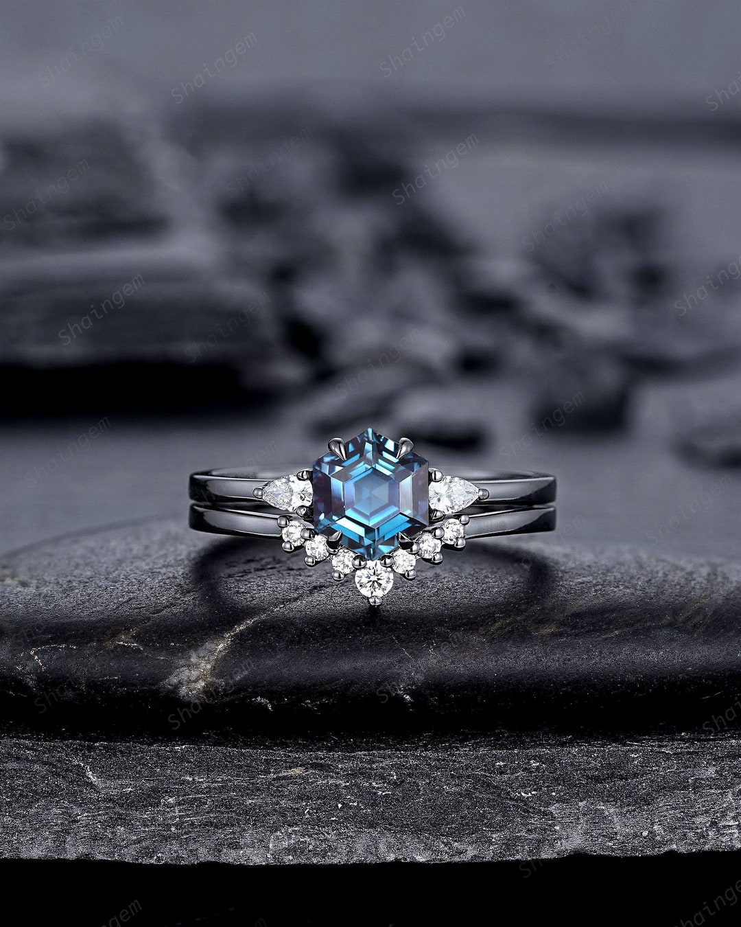 Black Gold Hexagon Alexandrite Engagement Ring Set, Gothic Black ...