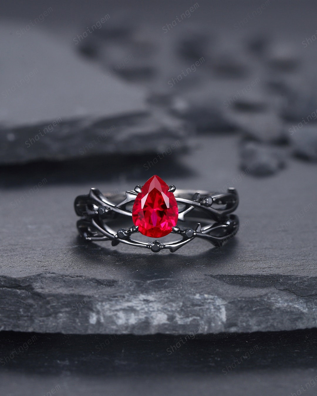 Black Gold Finish Pear Ruby Engagement Ring Set, Vintage Rhodium Black Twig Branch Ruby Bridal ...