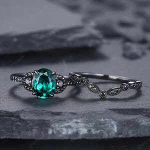 Vintage Oval Emerald Engagement Ring Set 18K Black Gold Vermeil and ...