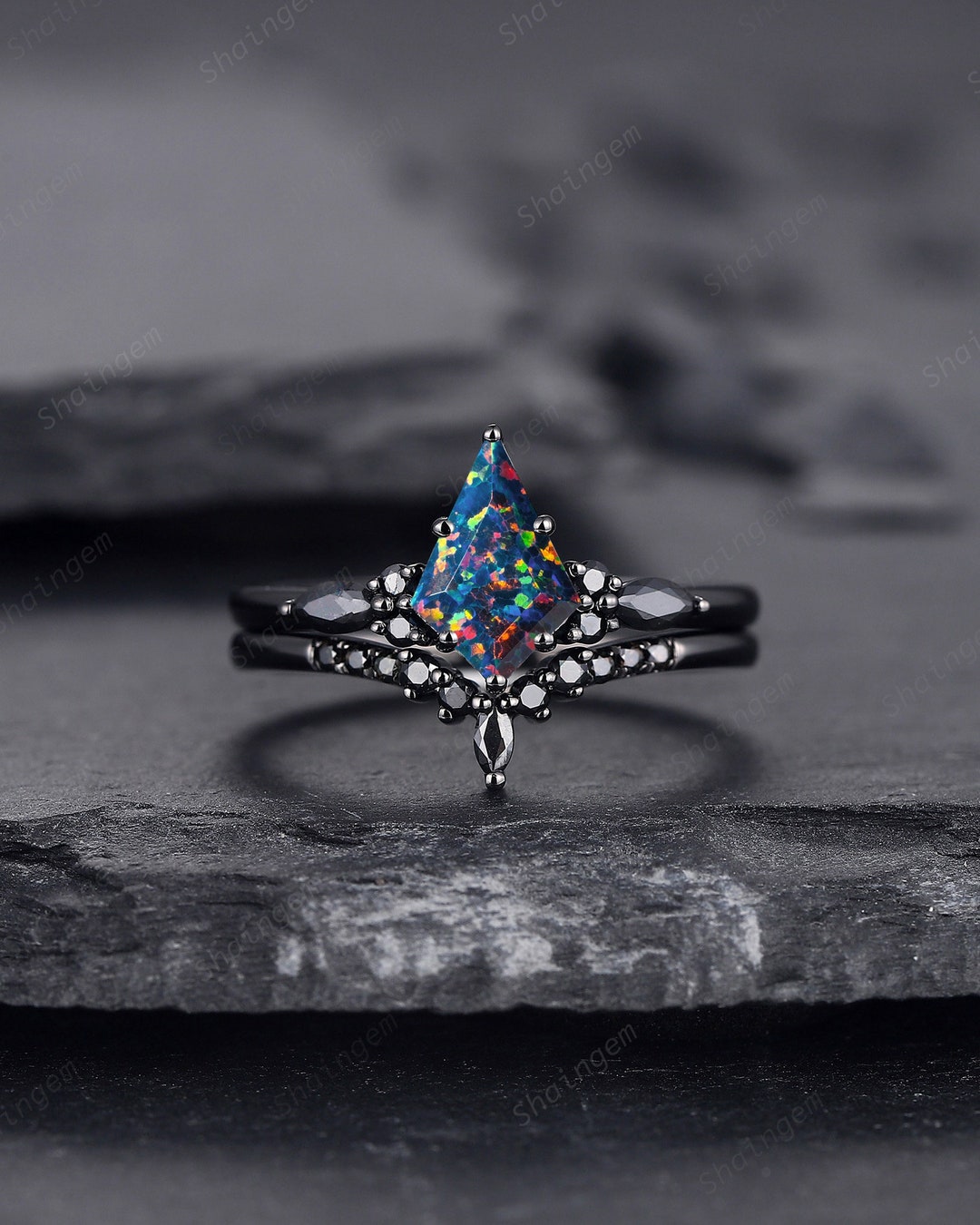 Gothic Kite Shape Black Opal Engagement Ring Set, Witchy Black Gold ...