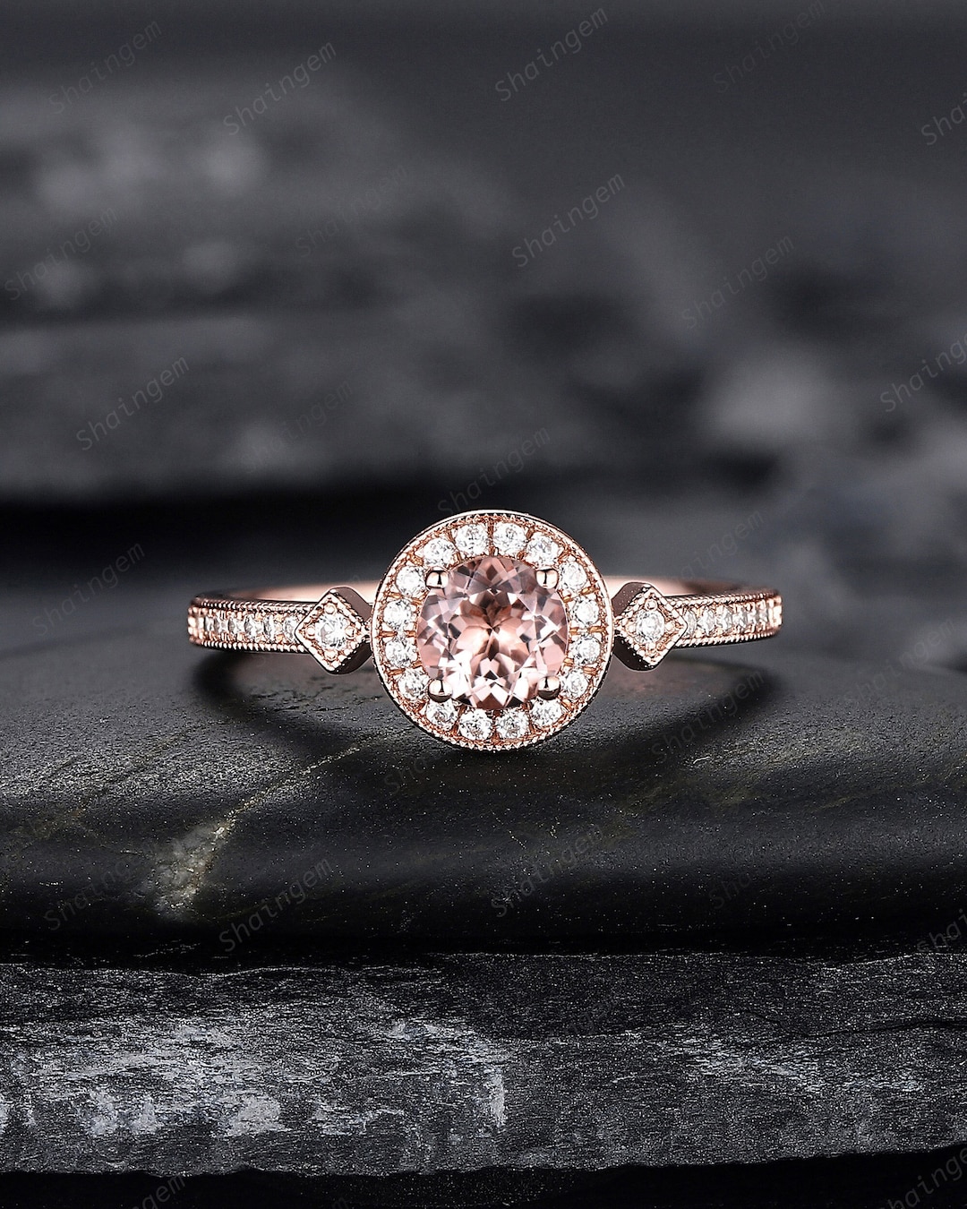 Natural Pink Morganite Engagement Ring, Round Shape Peach Morganite ...