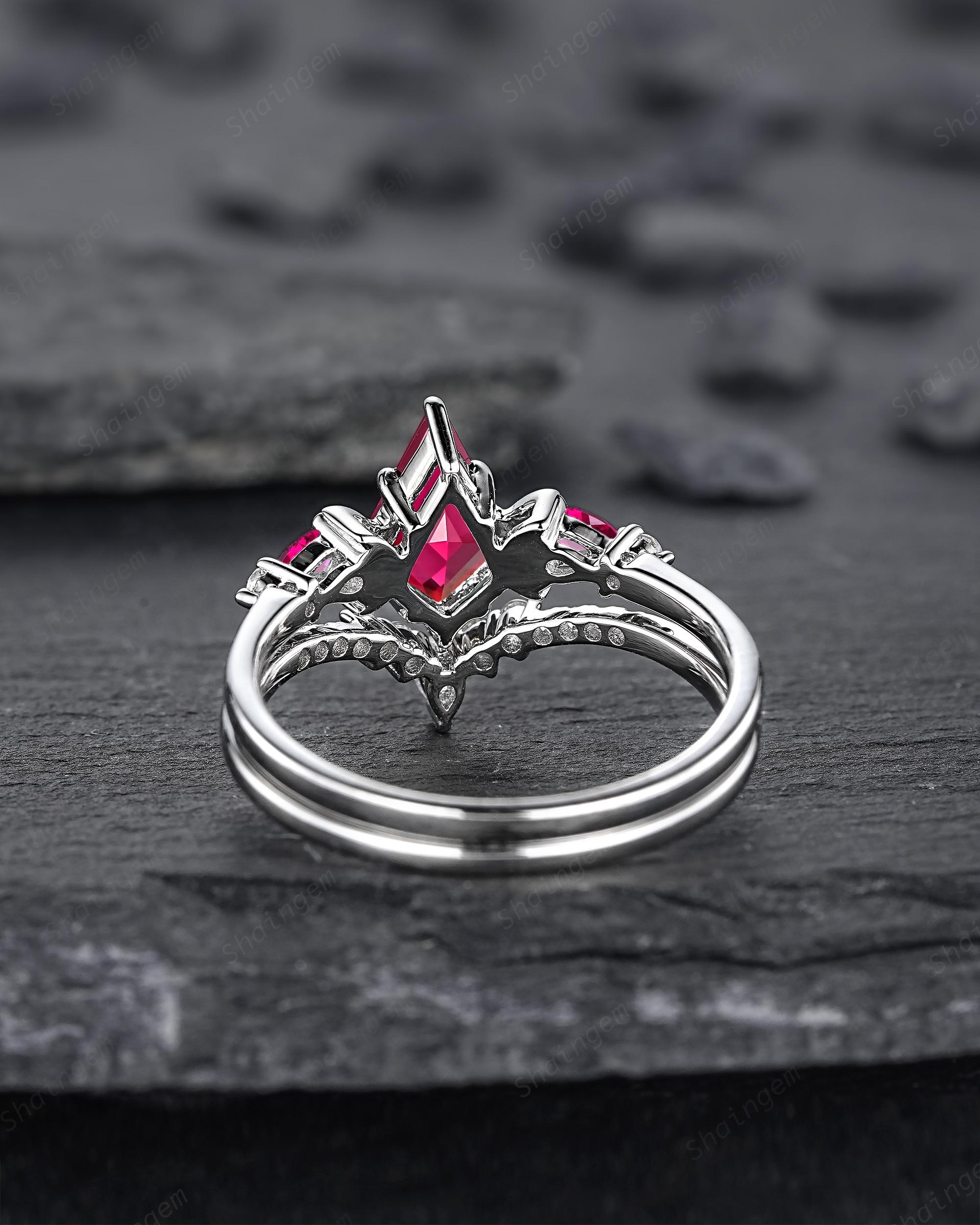 Platinum Kite Cut Ruby and Diamond Engagement Ring Set, Unique White ...