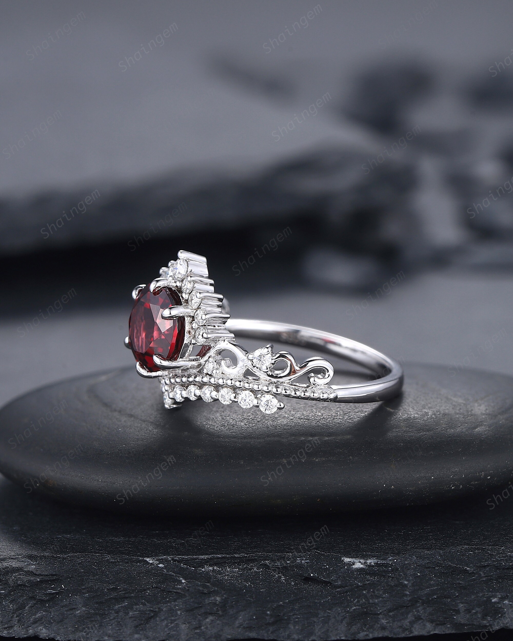 Vintage Round Rhodolite Garnet and Diamond Engagement Ring, Unique 14K ...