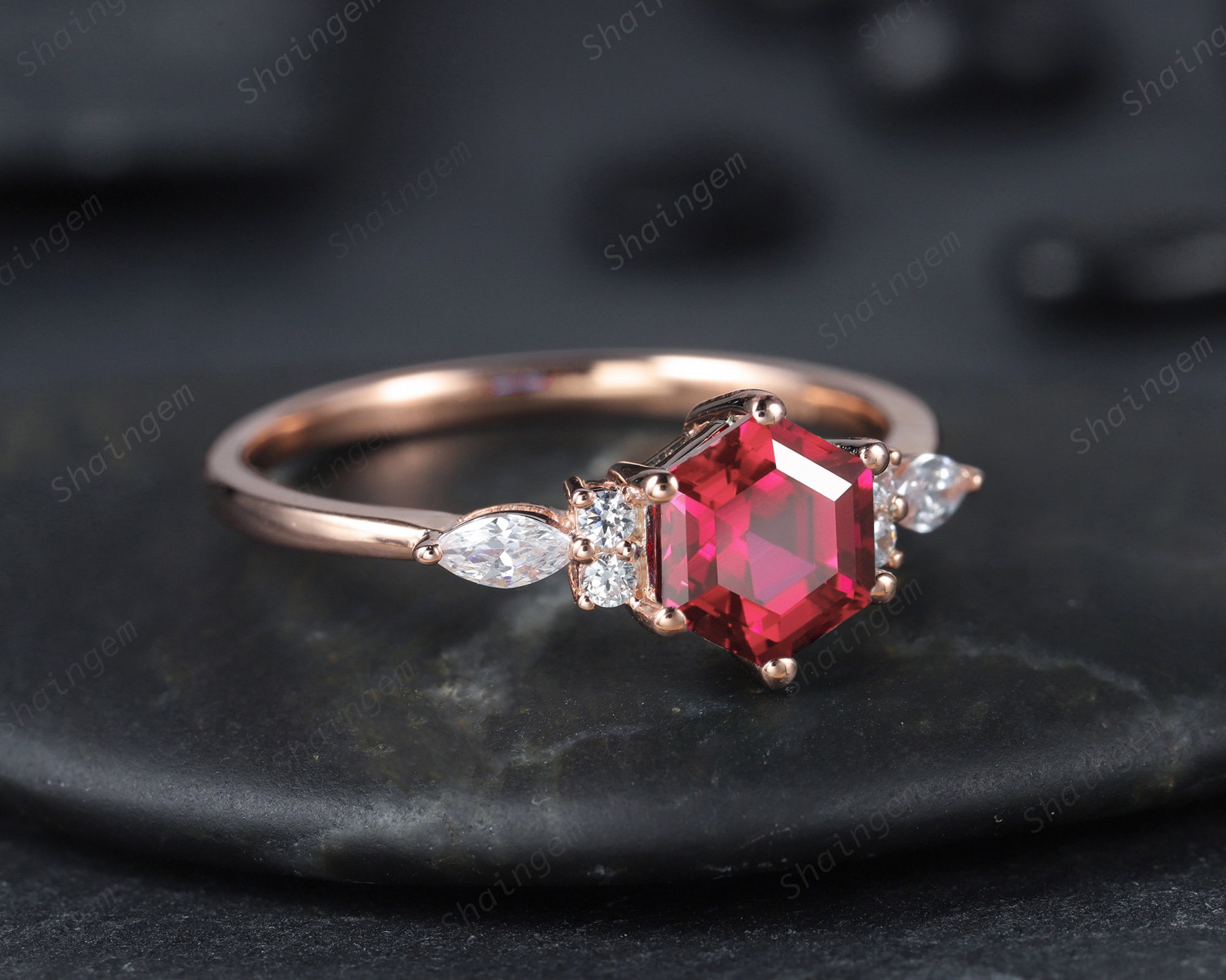 Unique Hexagon Ruby Engagement Ring, Vintage Ruby and Marquise Diamond ...