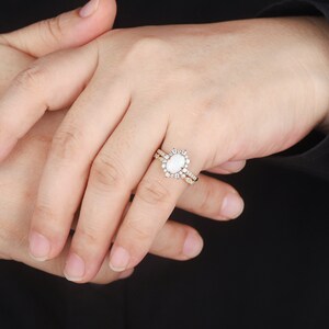 Oval Shape White Fire Opal and Diamond Engagement Ring Set Unique Rose ...