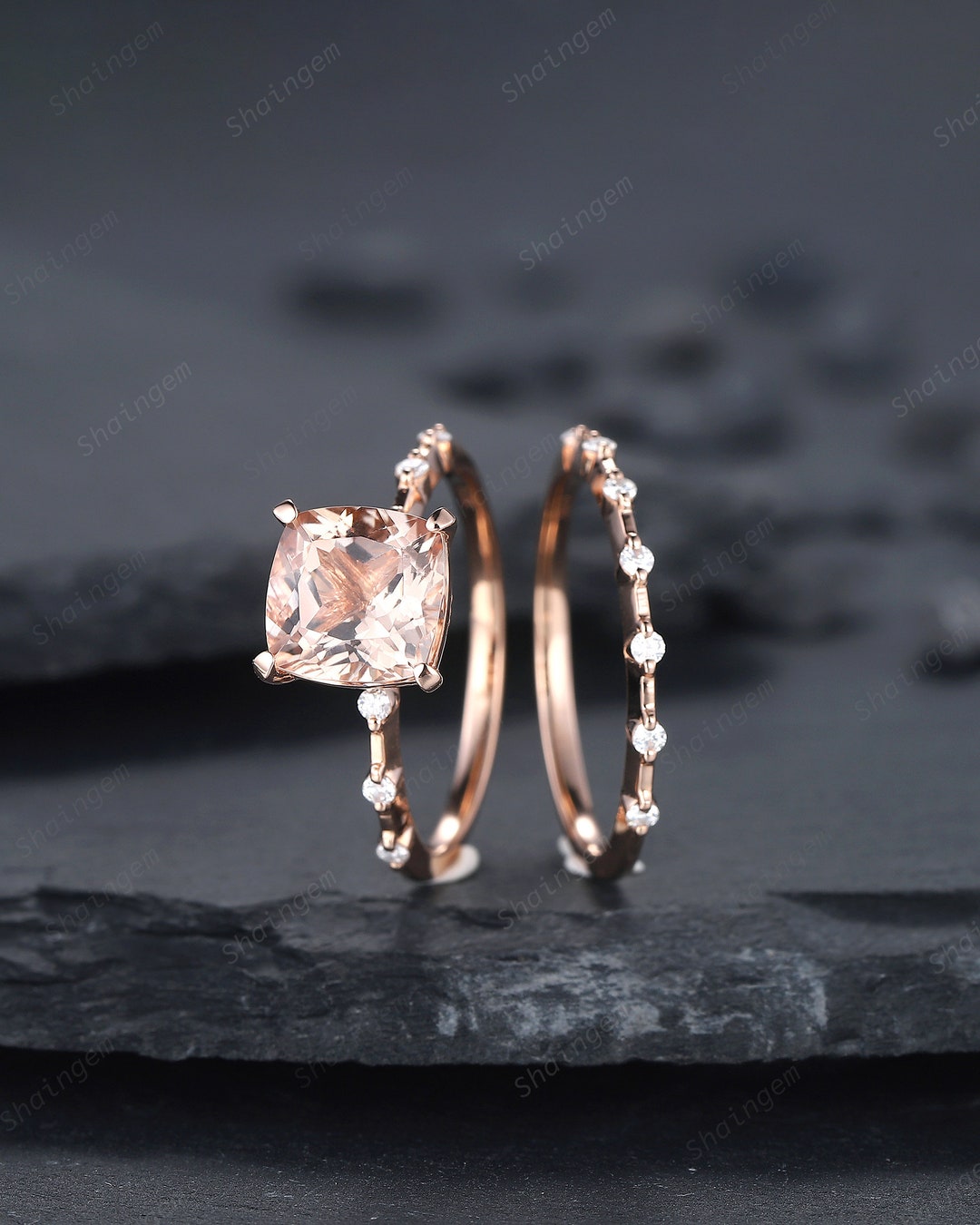 Vintage Cushion Cut Pink Morganite and Diamond Engagement Ring Set ...