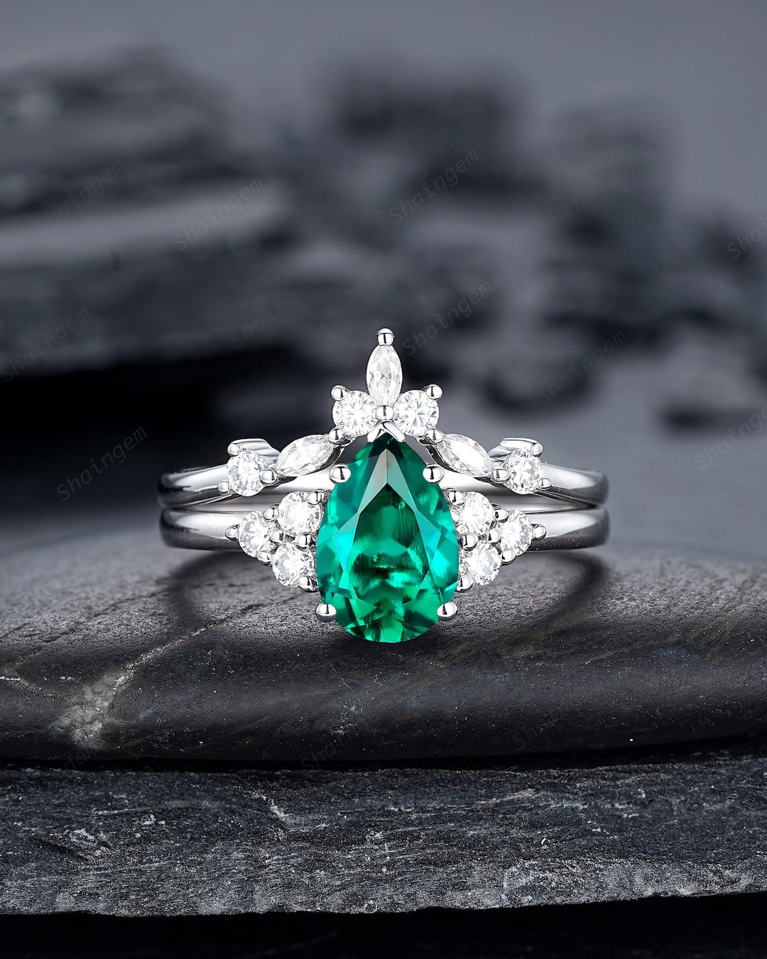 Vintage Teardrop Emerald Engagement Ring Set Unique Silver White Gold