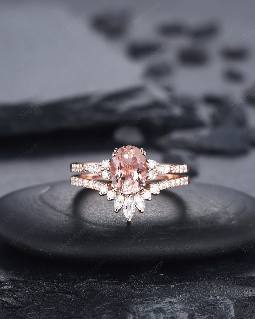 Vintage Oval Pink Morganite Engagement Ring Set, 14K Rose Gold ...