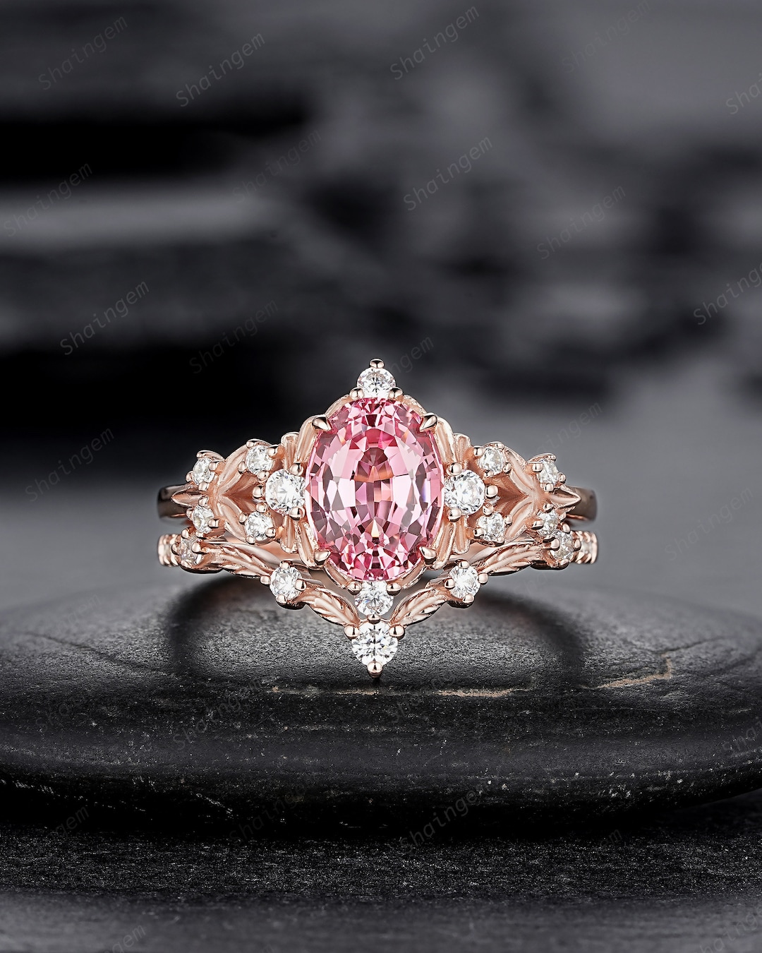 Vintage Oval Shape Padparadscha Pink Sapphire Floral Engagement Ring ...