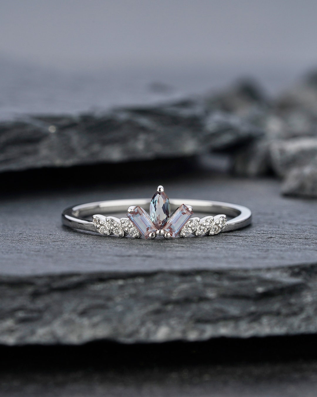 Vintage Marquise Alexandrite Cluster Wedding Band 14K White Gold ...