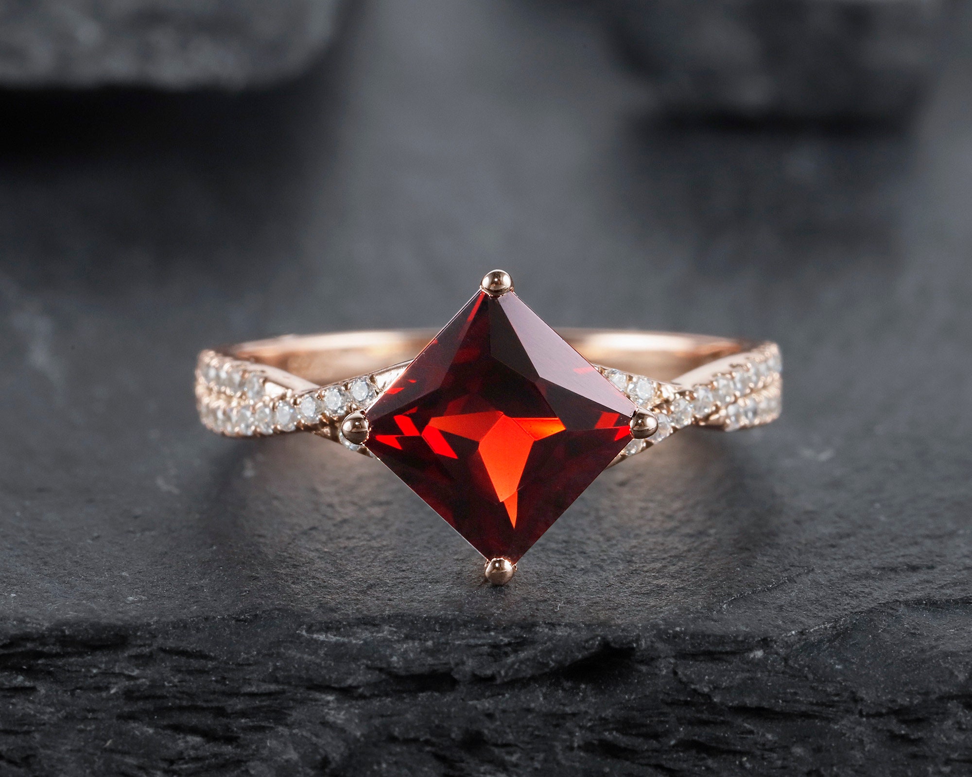 Princess Cut Garnet Diamond Engagement Ring Vintage January Birthstone ...