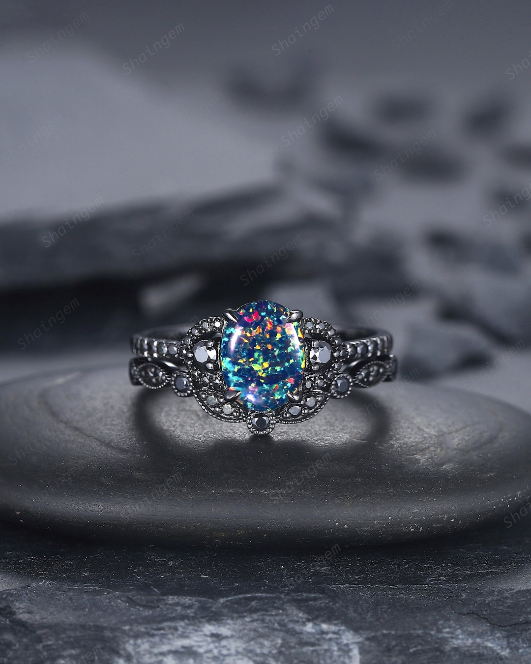 Oval Shape Black Fire Opal Engagement Ring Set, Black Gold Multi Fire ...