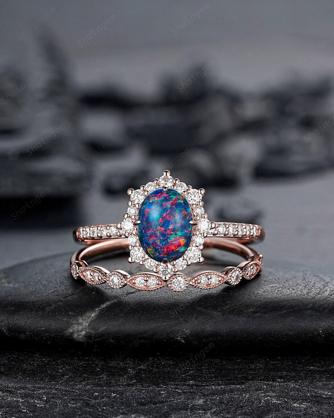Black Fire Opal and Diamond Ring Set, Unique Oval Shape Opal Rose Gold ...