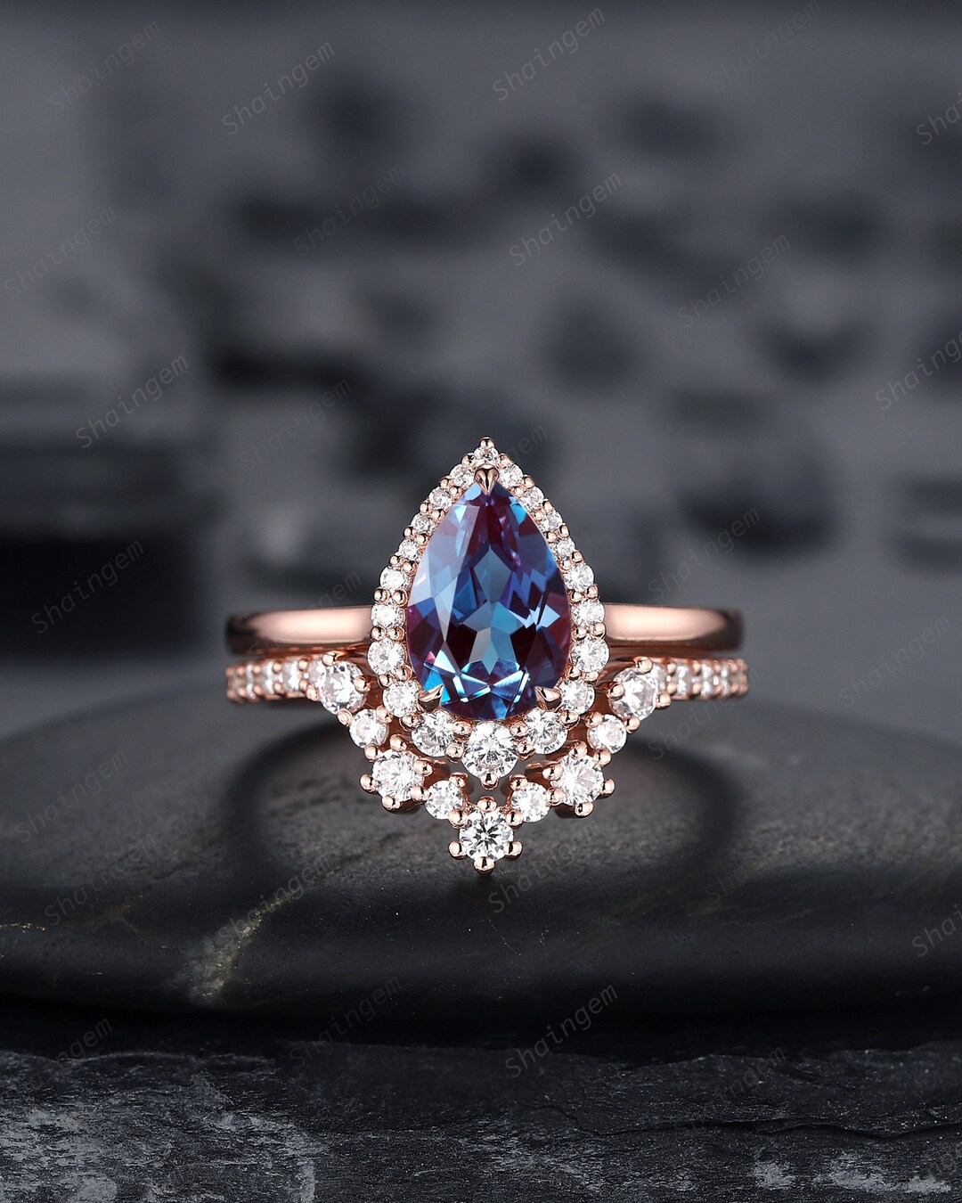 Vintage Pear Shape Alexandrite Engagement Ring Set, 14K 18K Rose Gold ...