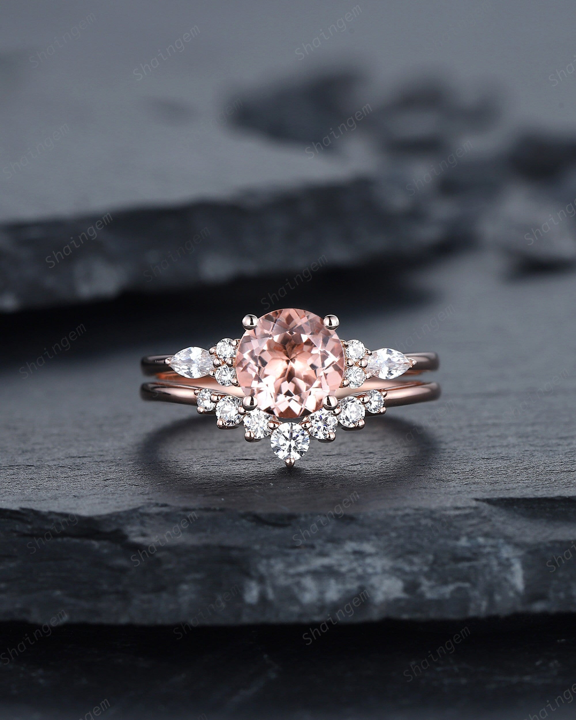 Unique Round Pink Morganite Engagement Ring Set, Vintage Morganite and ...