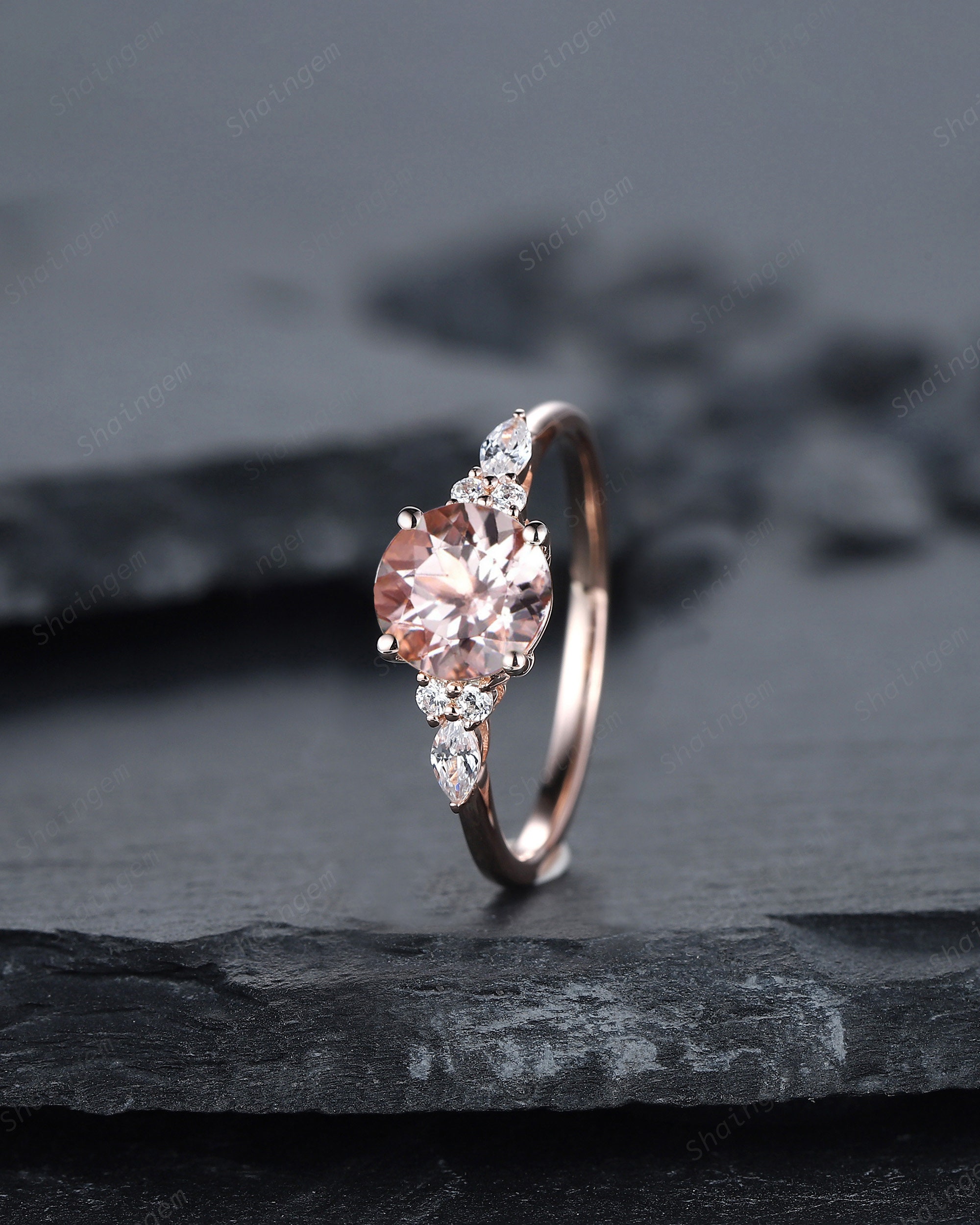 Unique Round Pink Morganite Engagement Ring Set, Vintage Morganite and ...