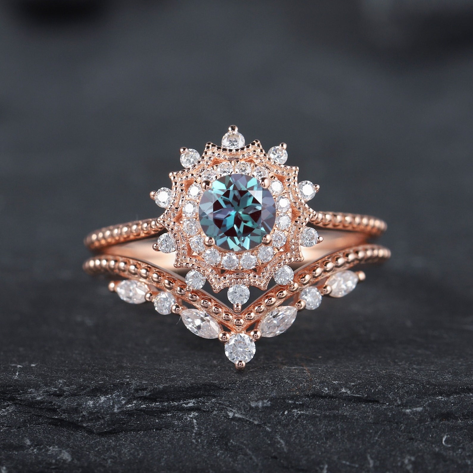 Vintage Cluster Alexandrite Bridal Set round Alexandrite 14K - Etsy