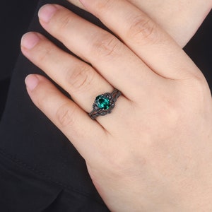 Vintage Oval Emerald Engagement Ring Set 18K Black Gold Vermeil and ...
