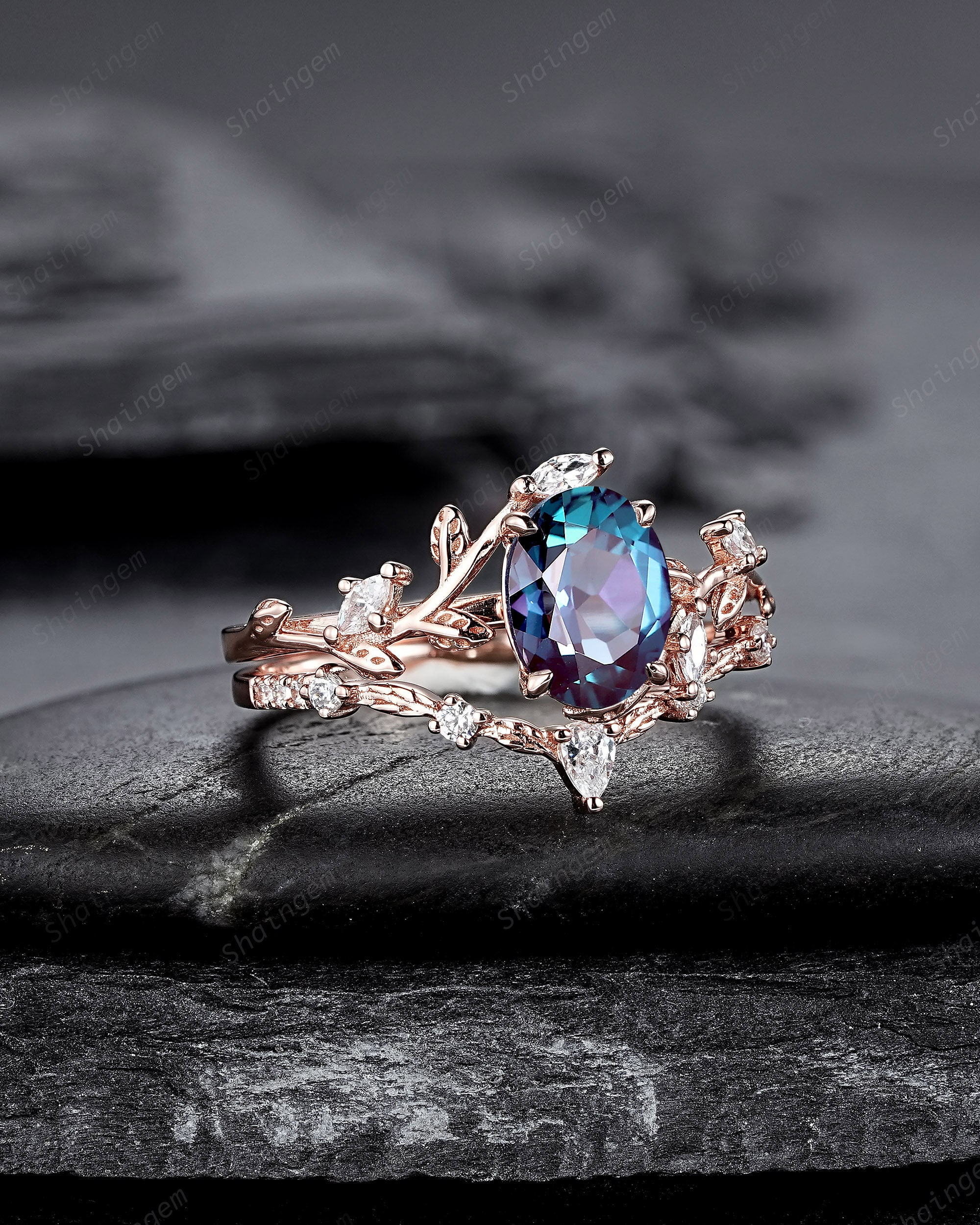 Nature Inspired Alexandrite Leaf Engagement Ring Set, Oval Cut June ...