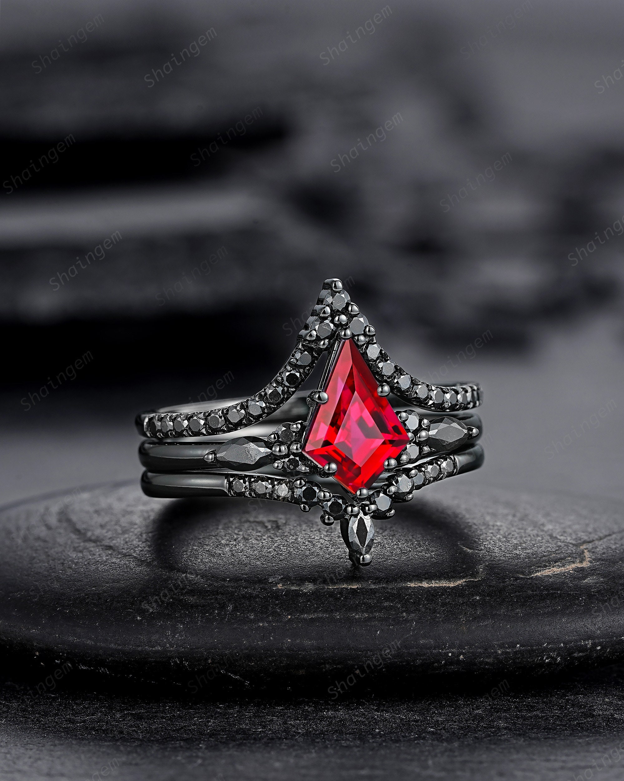 3PCS Gothic Kite Cut Ruby Black Engagement Ring Set, Black Gold Ruby ...