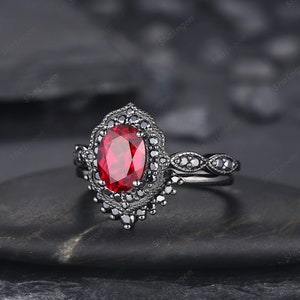 Black Gold Oval Shape Ruby Engagement Ring Set, Vintage Rhodium Black ...