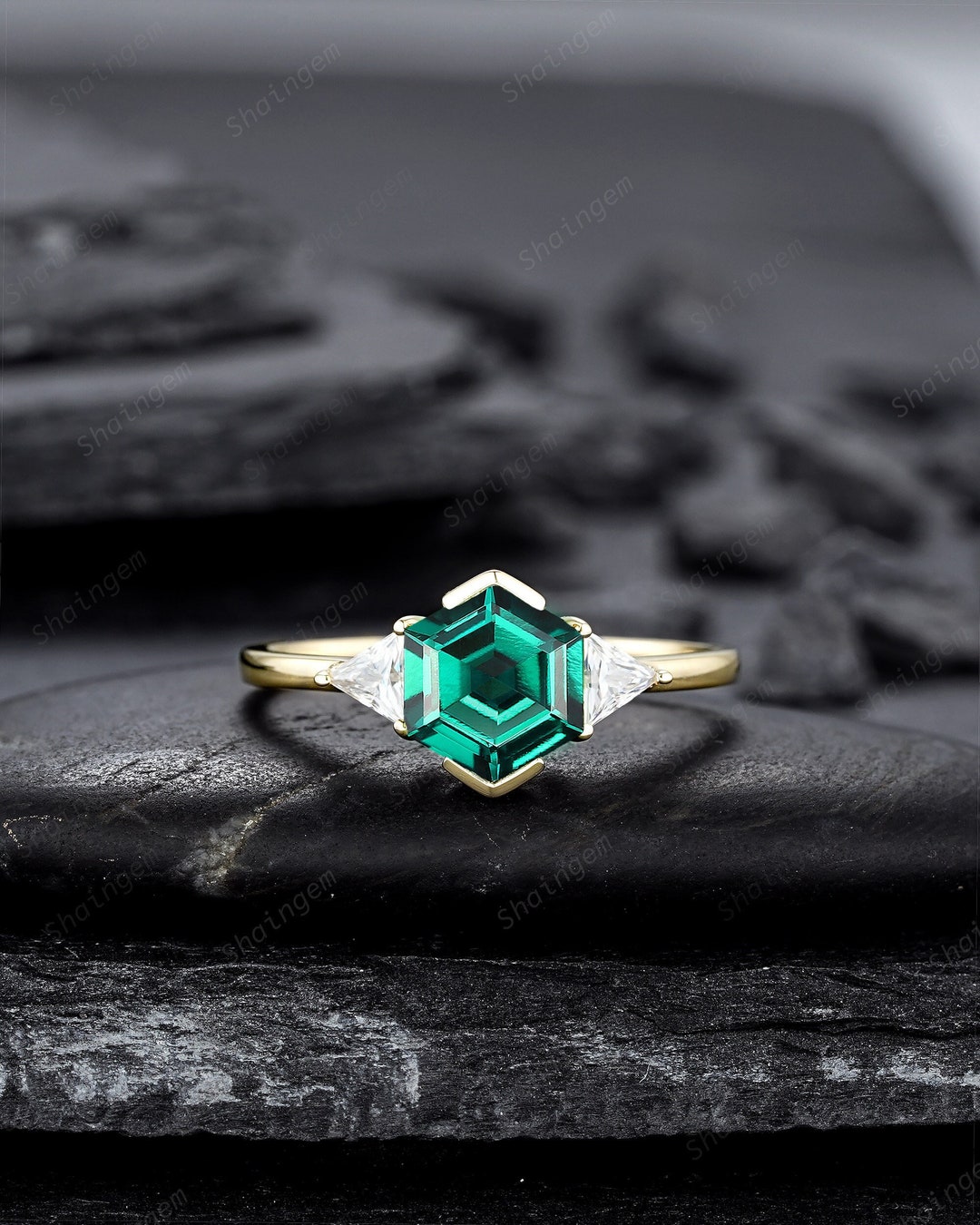 Vintage Hexagon Emerald Engagement Ring, 14K Yellow Gold May Birthstone ...