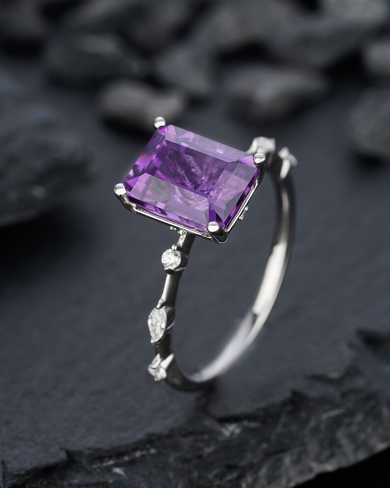 Vintage Emerald Cut Purple Amethyst Engagement Ring, Sterling Silver ...