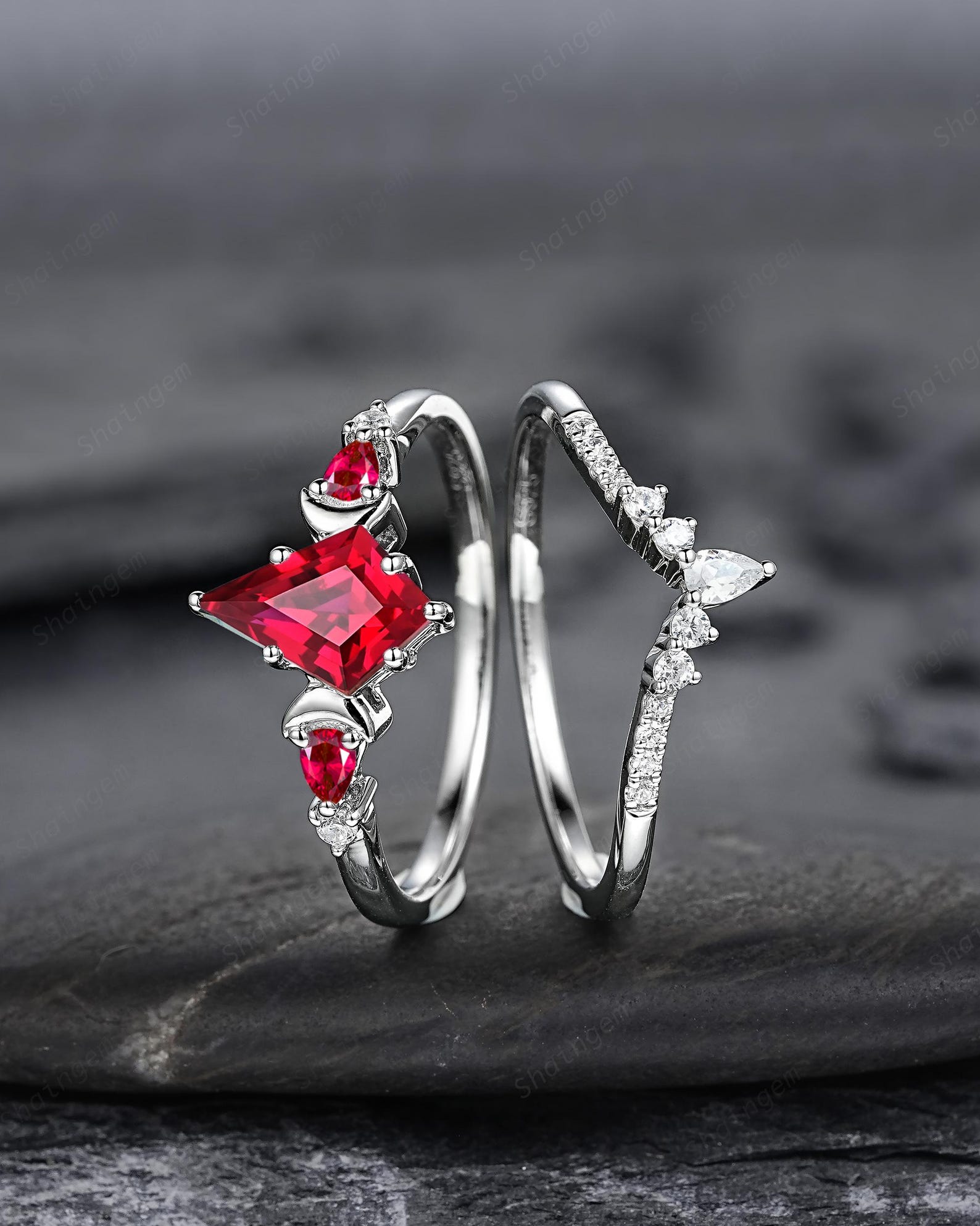 Platinum Kite Cut Ruby and Diamond Engagement Ring Set, Unique White ...