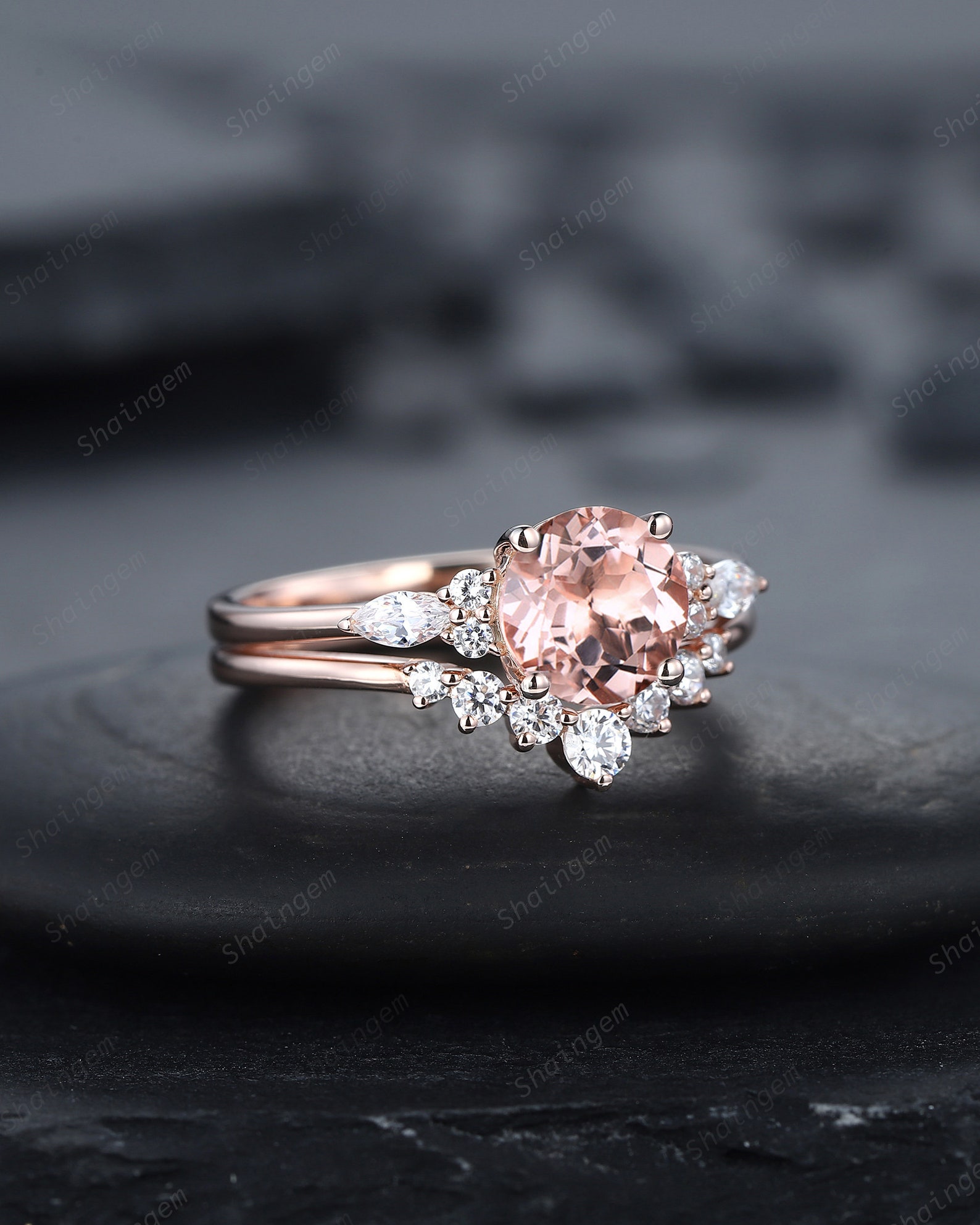 Unique Round Pink Morganite Engagement Ring Set, Vintage Morganite and ...