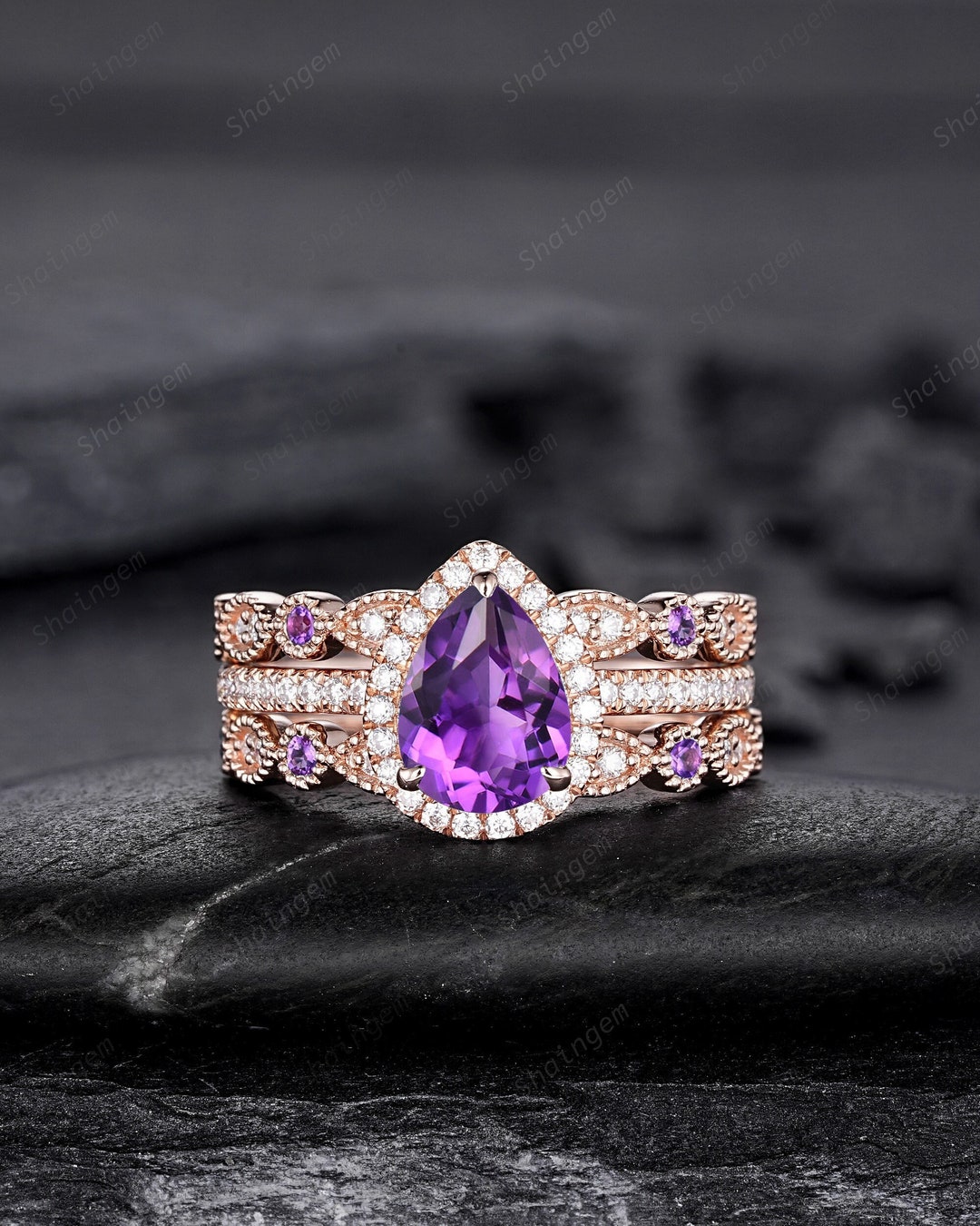3PCS Pear Shape Purple Amethyst Halo Engagement Ring Set, Vintage Rose ...
