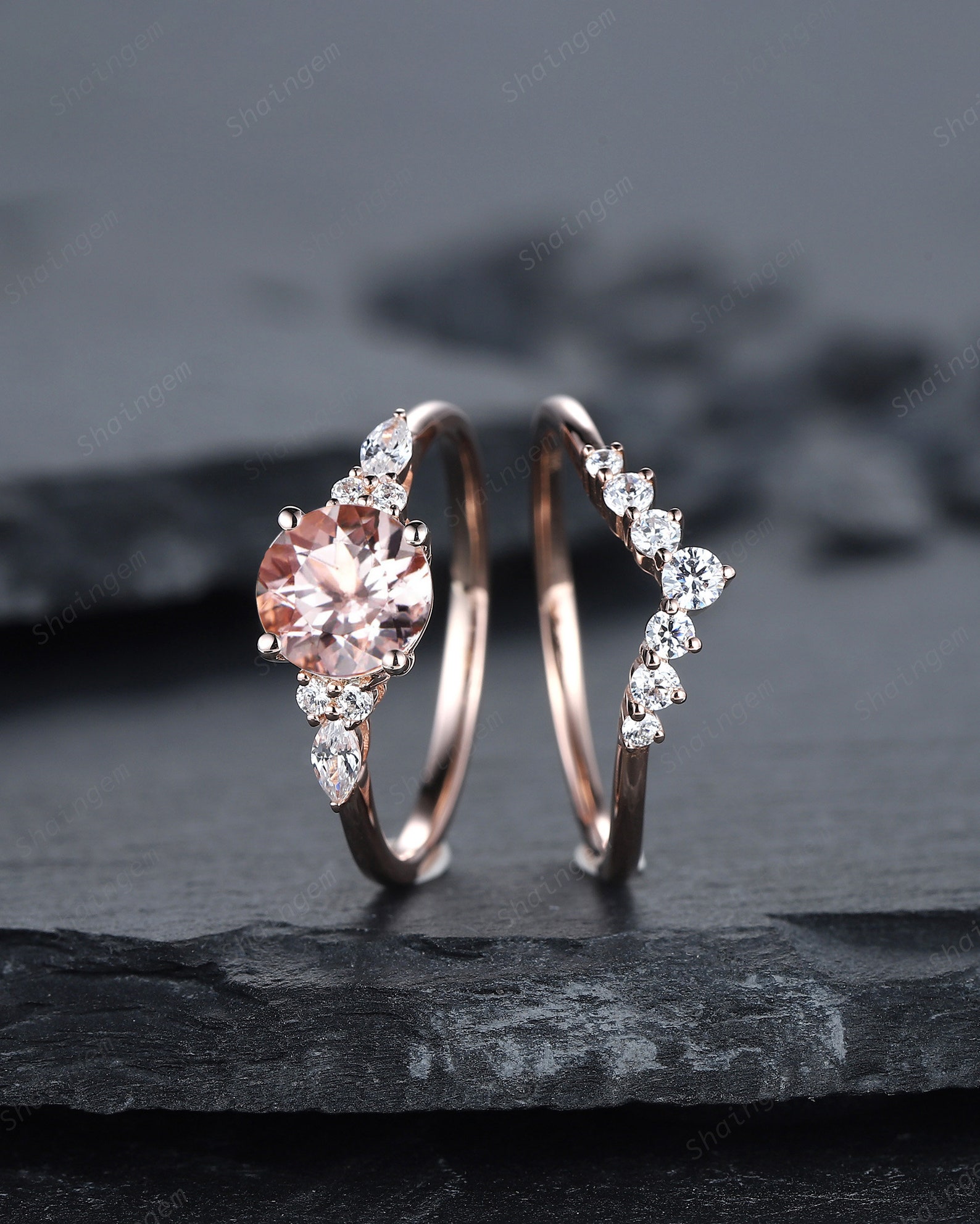 Unique Round Pink Morganite Engagement Ring Set, Vintage Morganite and ...
