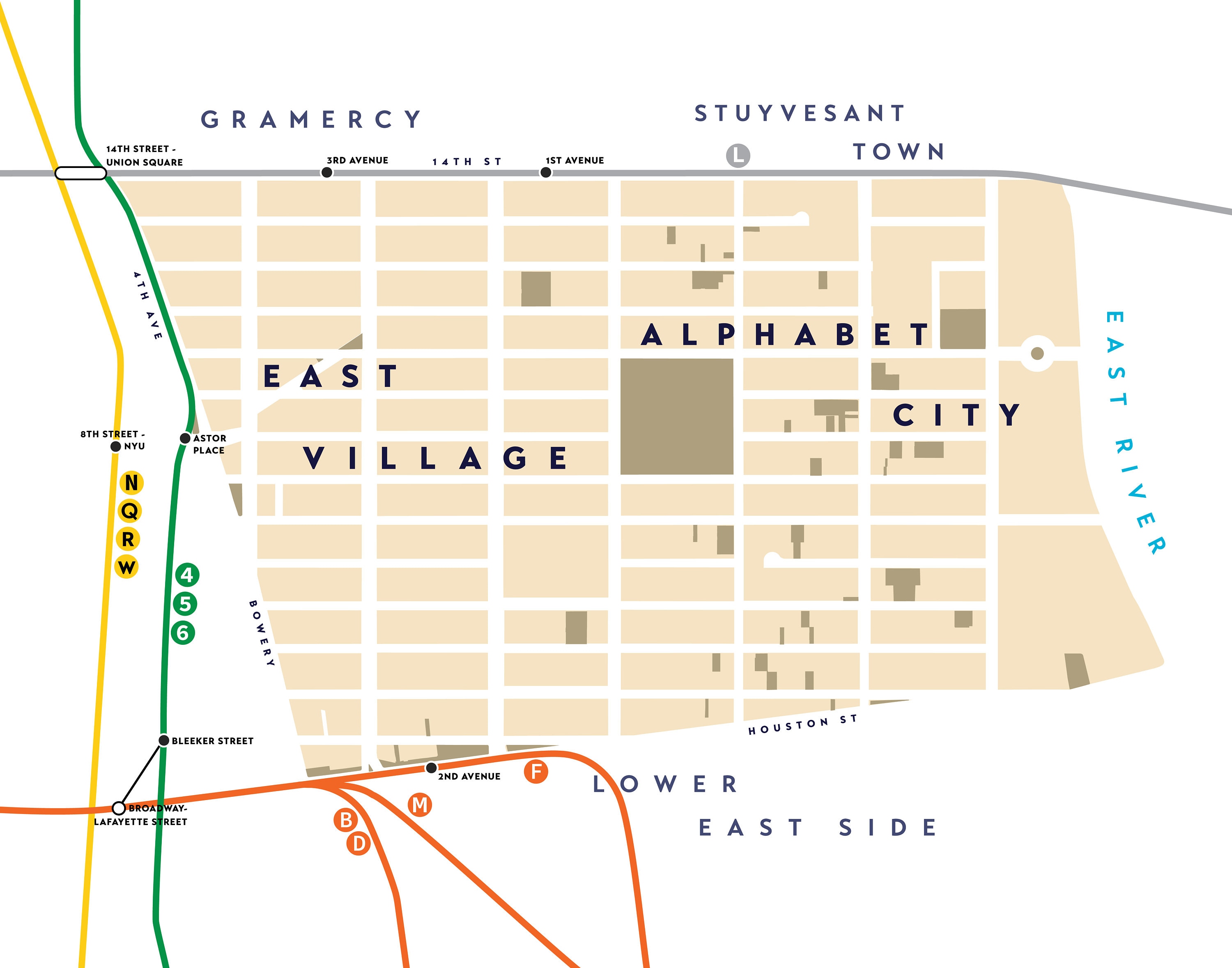 East Village / Alphabet City Neighborhood Map Print, Manhattan, New ...