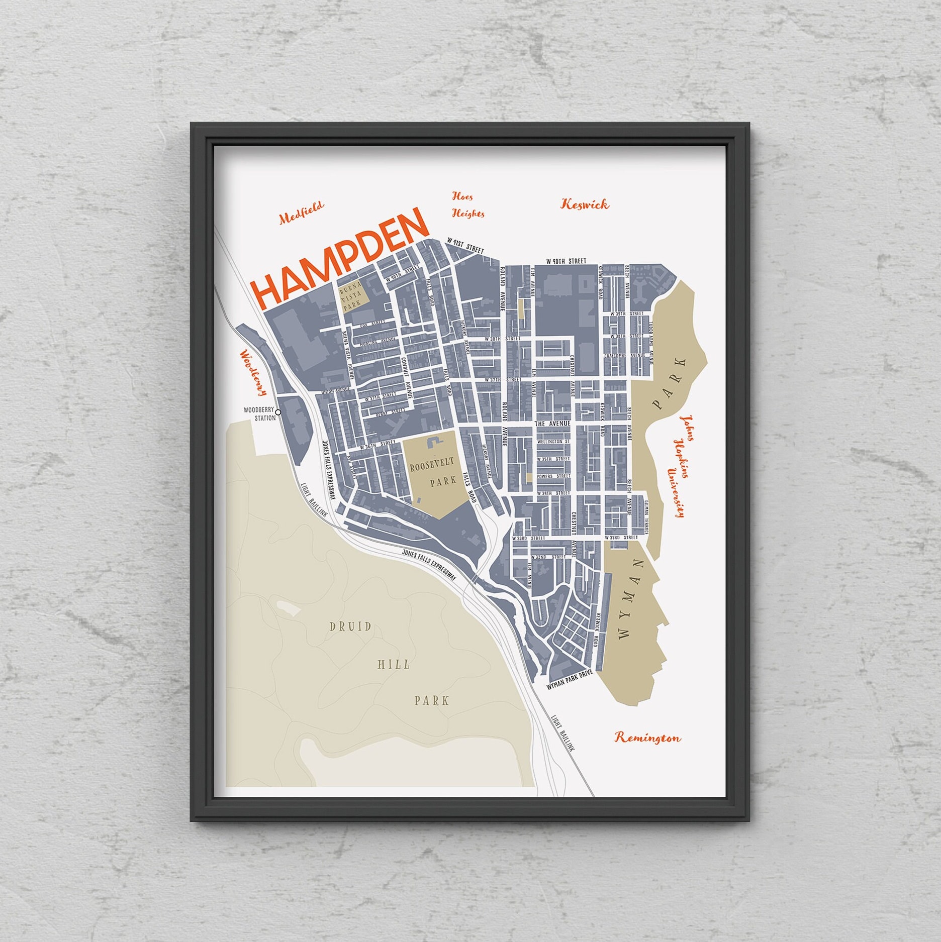 Hampden / Wyman Park Neighborhood Map Print, Baltimore, Maryland - Etsy