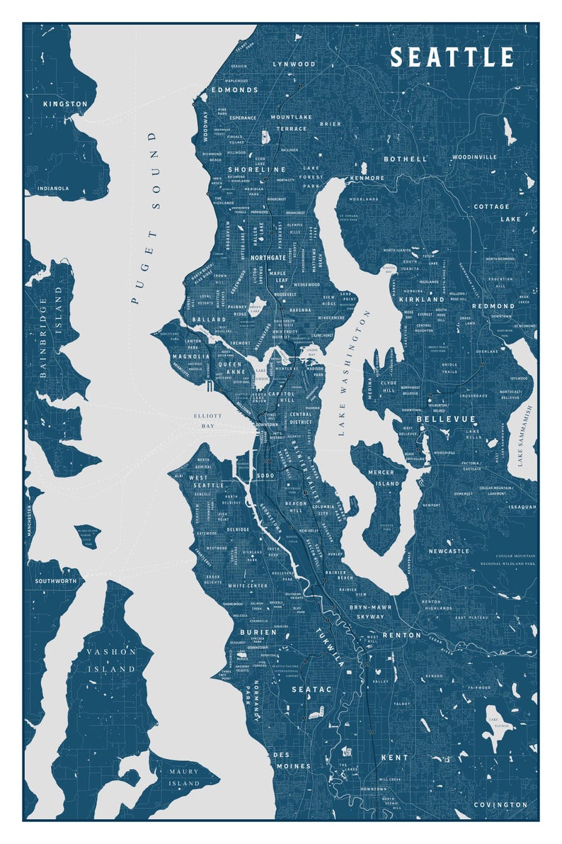 Detailed Seattle Neighborhoods Map - Etsy