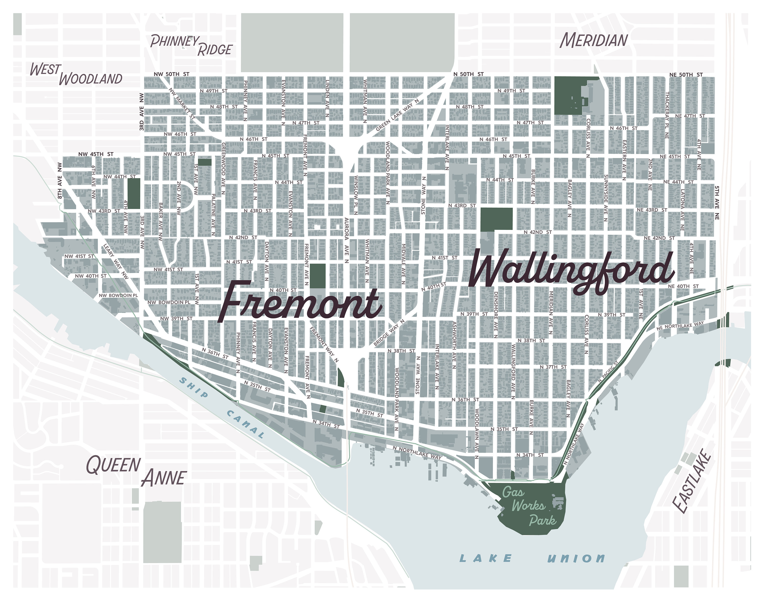 Fremont / Wallingford Neighborhood Map Print, Seattle, Washington - Etsy