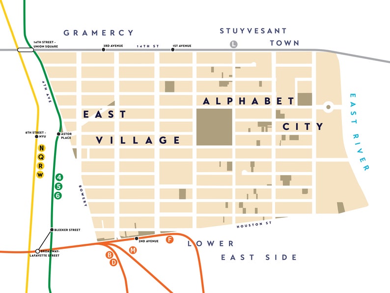 East Village / Alphabet City Neighborhood Map Print, Manhattan, New ...