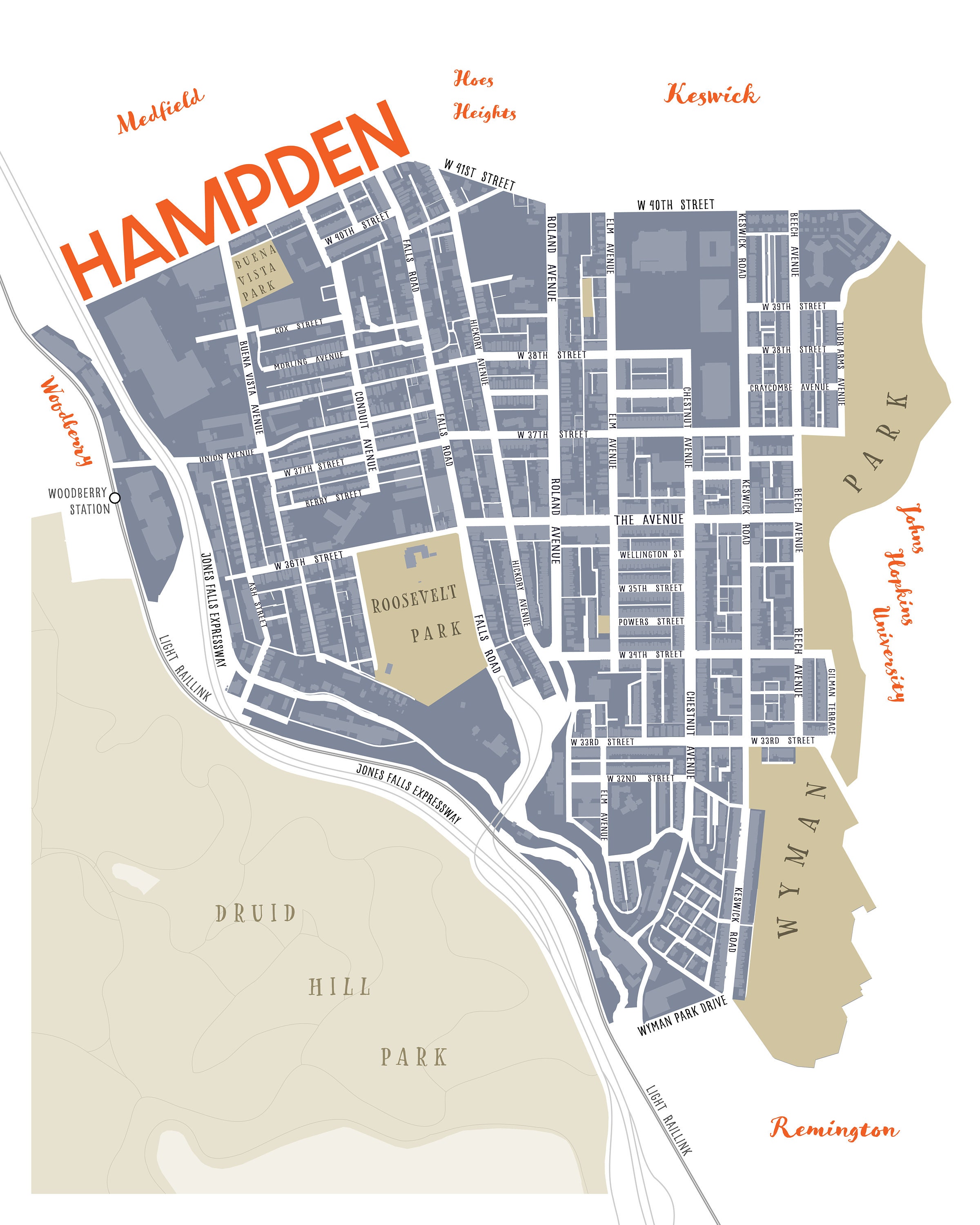 Hampden / Wyman Park Neighborhood Map Print, Baltimore, Maryland - Etsy