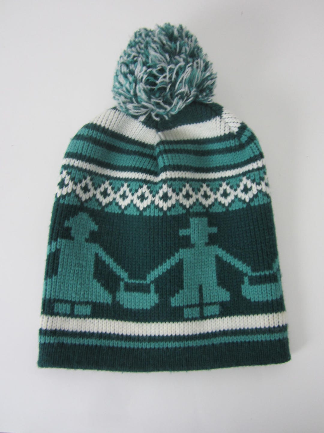 Vtg USA Wintuk Wigwam Knit Hat Ski Beanie Pom Pom Green Folk Art Winter ...